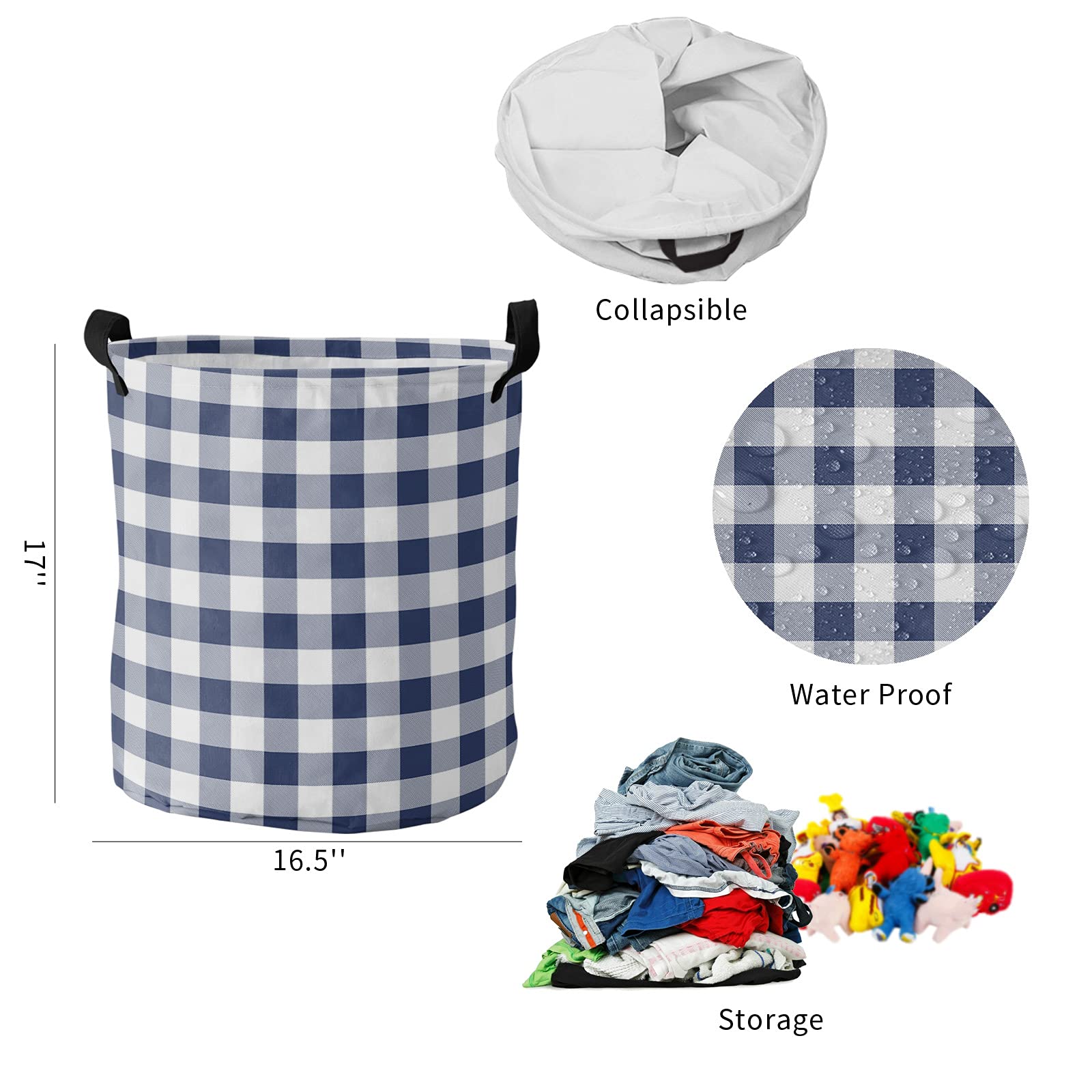 Navy Blue White Plaid Laundry Basket Large 16.5"x17" Waterproof Laundry Hamper, Farmhouse Checkered Buffalo Collapsible Toys Blankets Storage Baskets Clothes Hamper for Bathroom Bedroom Living Room