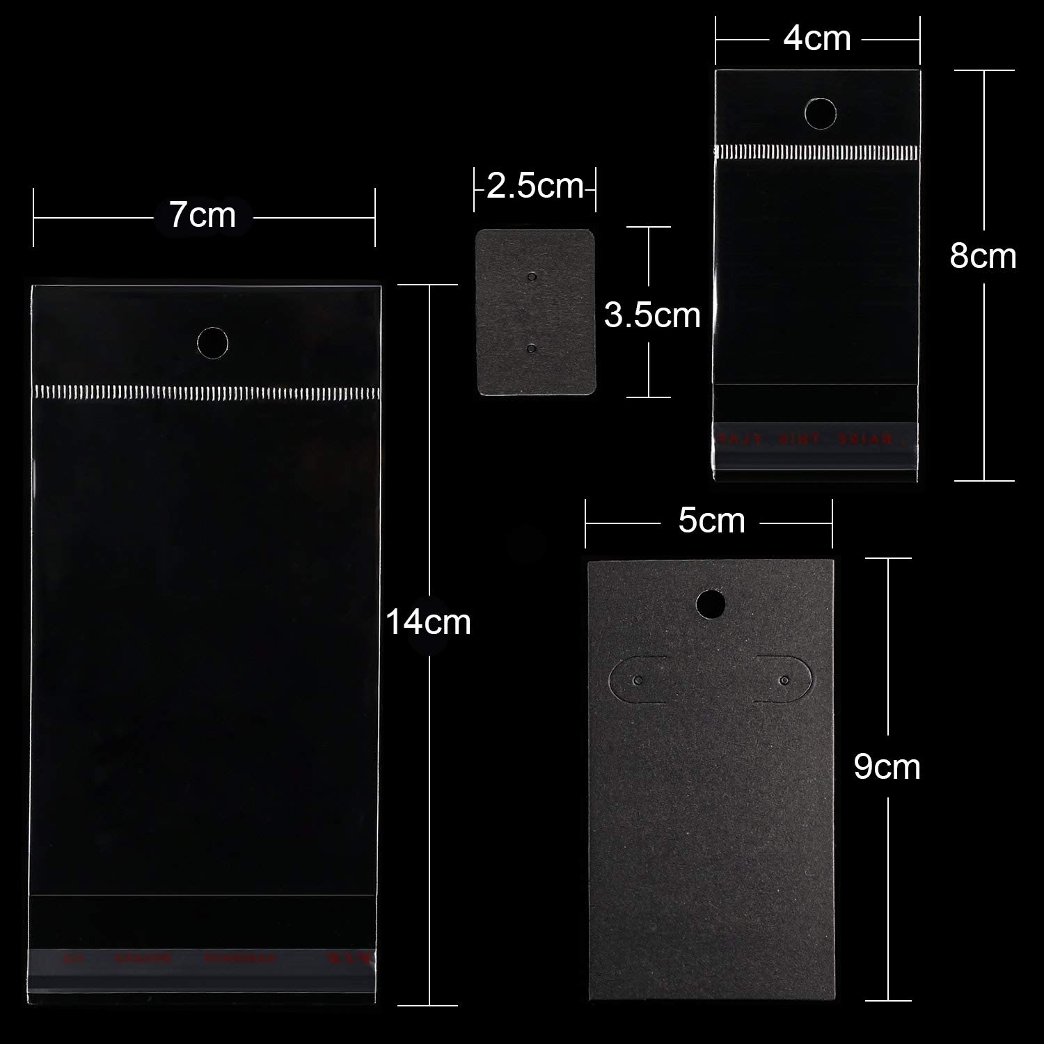 500 Set Earrings Display Card with Clear Resealable Bags, Earring Display Cards for Ear Studs for DIY (Black)
