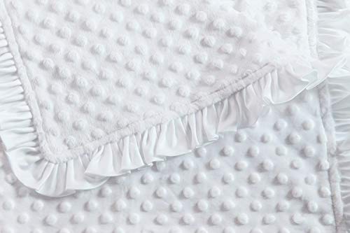 Snuggle Stuffs White Minky Dot & Satin Ruffle Newborn Baby Christening Baptism Blanket - Small 30" x 40"