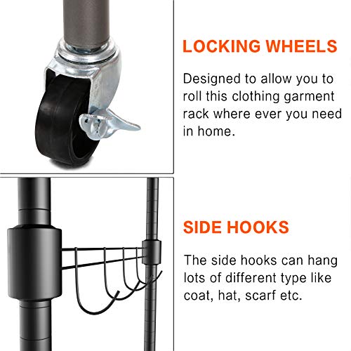Kemanner Heavy Duty Rolling Garment Rack 3-Tiers Wire Shelving W/Double Rods & Lockable Wheels & 1 Pair Side Hooks - Hold Up to 400Lbs (Black, 2Rod 2Hook)