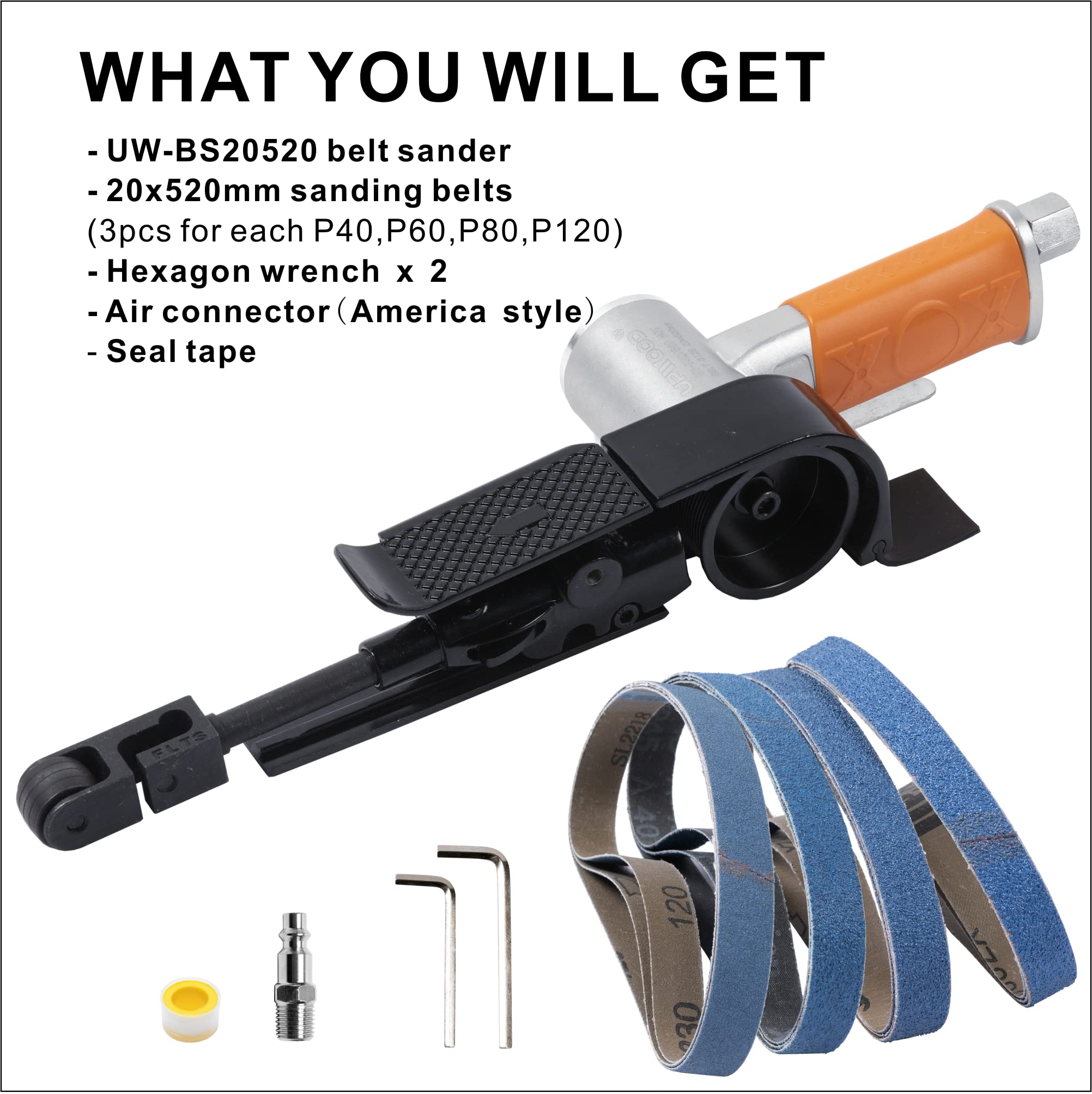 Air Belt Sander 3/4" x 20-1/2" Belt Size Pneumatic Tool with 12pc Belts (#40, 60, 80 & #120), Good for Deburring, Sanding and Finishing (3/4" x 20-1/2" Sander)