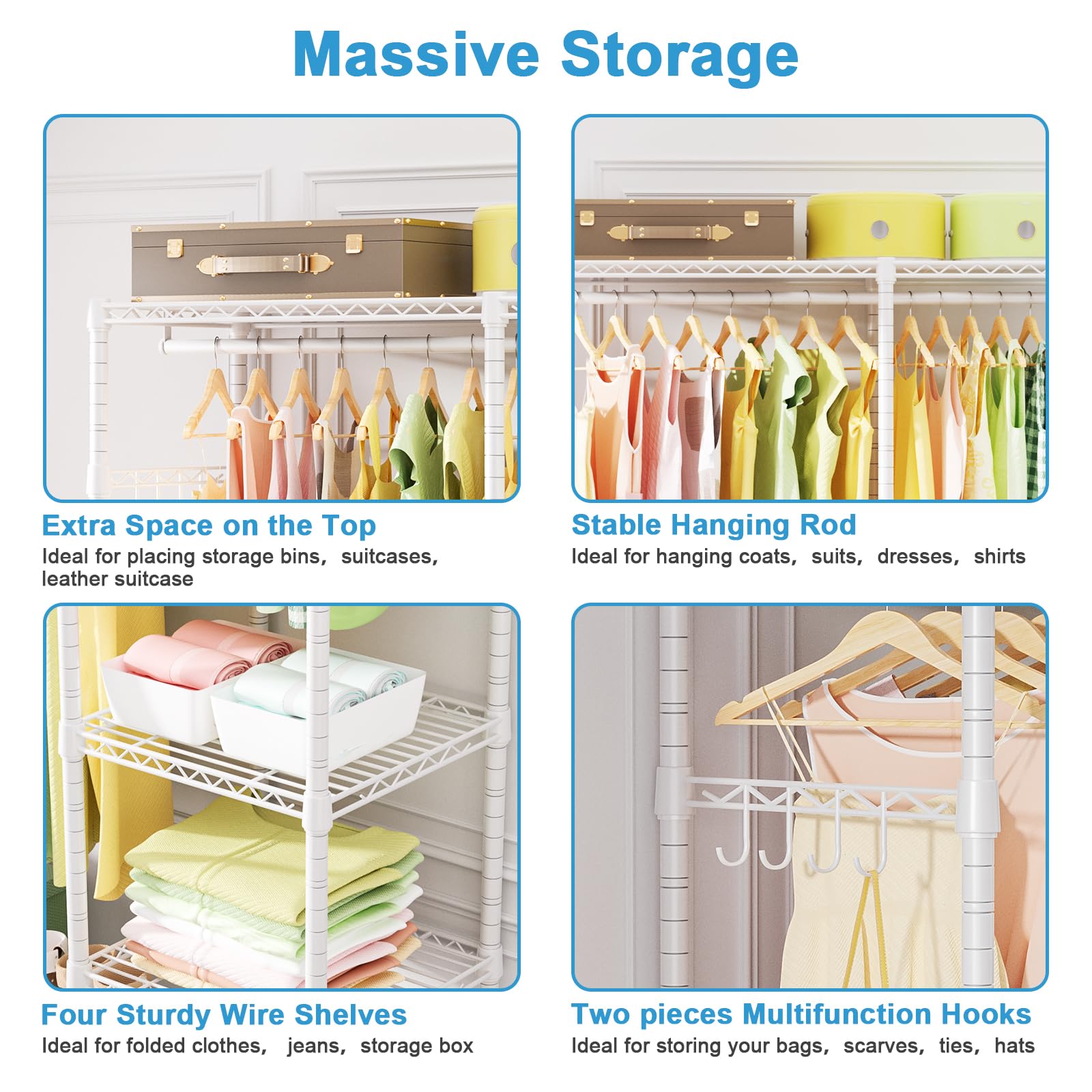 Ulif F4 Heavy Duty Clothes Rack(With Hanger Rod ) Freestanding Clothing Racks for Hanging Clothes,Adjustable Closet Organizer System,Portable Garment Rack 45" W x 15" D x 70" H,Max Load 500LBS,White