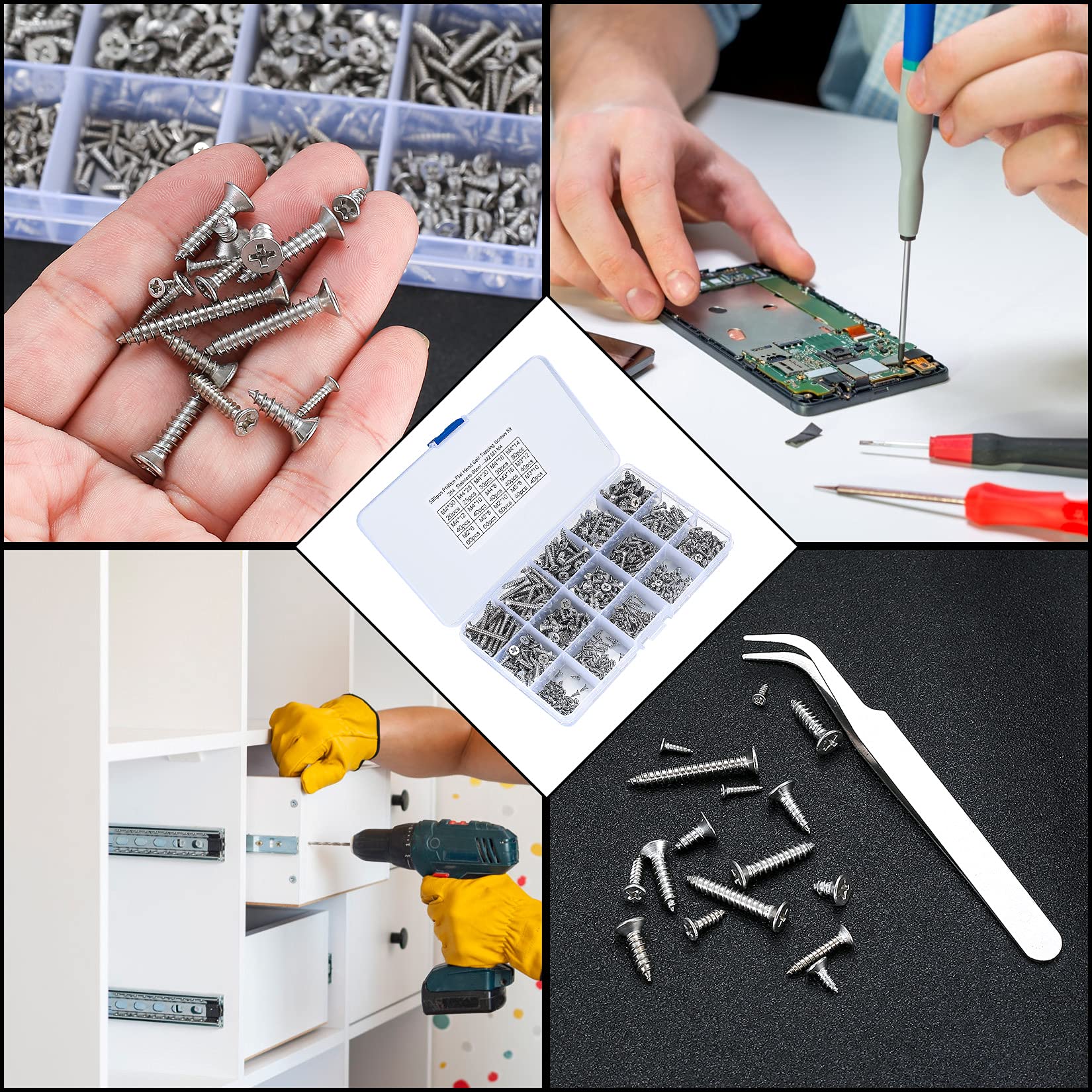 400 Pcs M3/M3.5/M4 Wood Screws, Torx Head Pan Head Self Tapping Screws, Stainless Steel Flat Head Drywall Screws Assortment Kit for Wood, with 3 Pcs Bits (400 Silver)