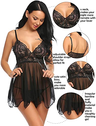 Avidlove Women Babydoll Set Mesh Lingerie Strap Chemise Lace Sleepwear Outfits Black Medium