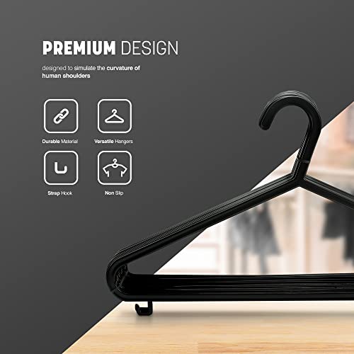 KEPLIN Adult Plastic Clothes Hangers β Black Hanger (50pk), Strong Coat Hangers for Closet with Suit Pants Trouser Bar and Clips, Space Saving, 14.8β Wide