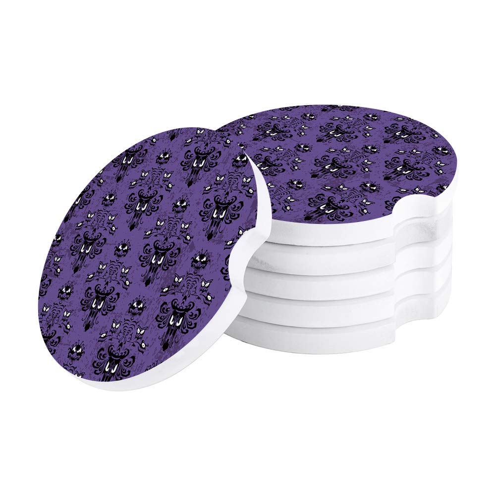 Absorbent Ceramic Car Coasterss Halloween Haunted Mansion Design, Drink Coaster Cup Holders with A Finger Notch for Easy Removal of Auto Cupholder, Purple Black Set of 2