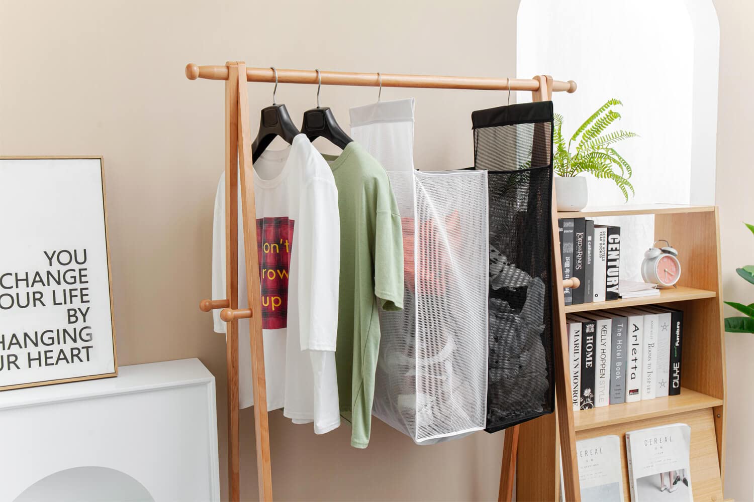ALYER 2 Sections Collapsible Mesh Laundry Hamper,Hanging Heavy Duty Laundry Basket and Durable Dorm Bathroom Storage Bag with Two Hangers,Black & White