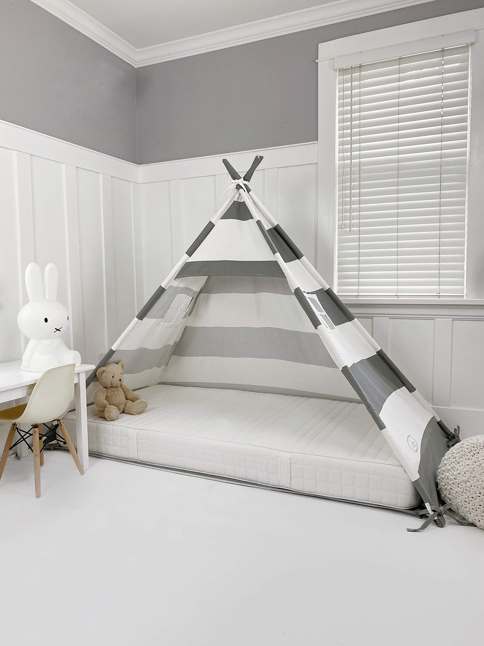 Domestic Objects | Play Tent Bed Canopy | Teepee for Mattress | 100% Cotton Canvas | Premium Quality (Twin/Single No Door) (Gray Stripes)