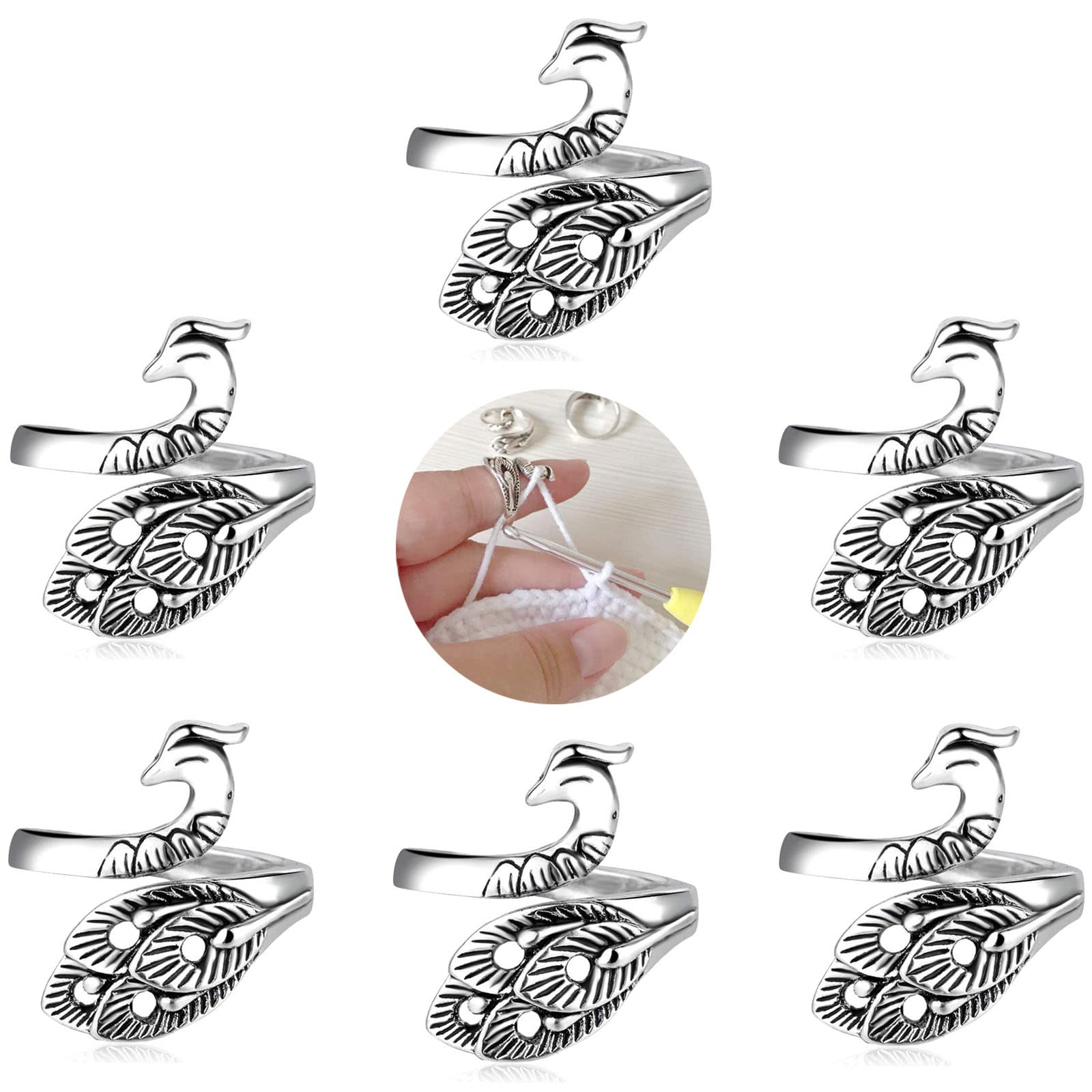 6 Pcs Adjustable Knitting Loop Crochet Loop Knitting Accessories, Hand-Made Silver-Plated Copper Rings, Faster Crocheting, Advanced Peacock Ring, Yarn Guide Finger Holder Knitting Thimble