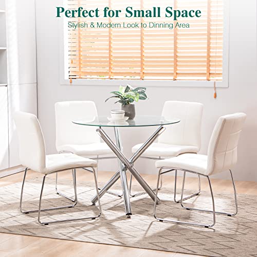SICOTAS Round Dining Table Set for 4 - Glass Top Kitchen Table and Faux Leather Dining Chairs,Clear Circle Dining Room Table Set,Modern Breakfast Nook Table Set for Dining Room Kitchen Dinette, White