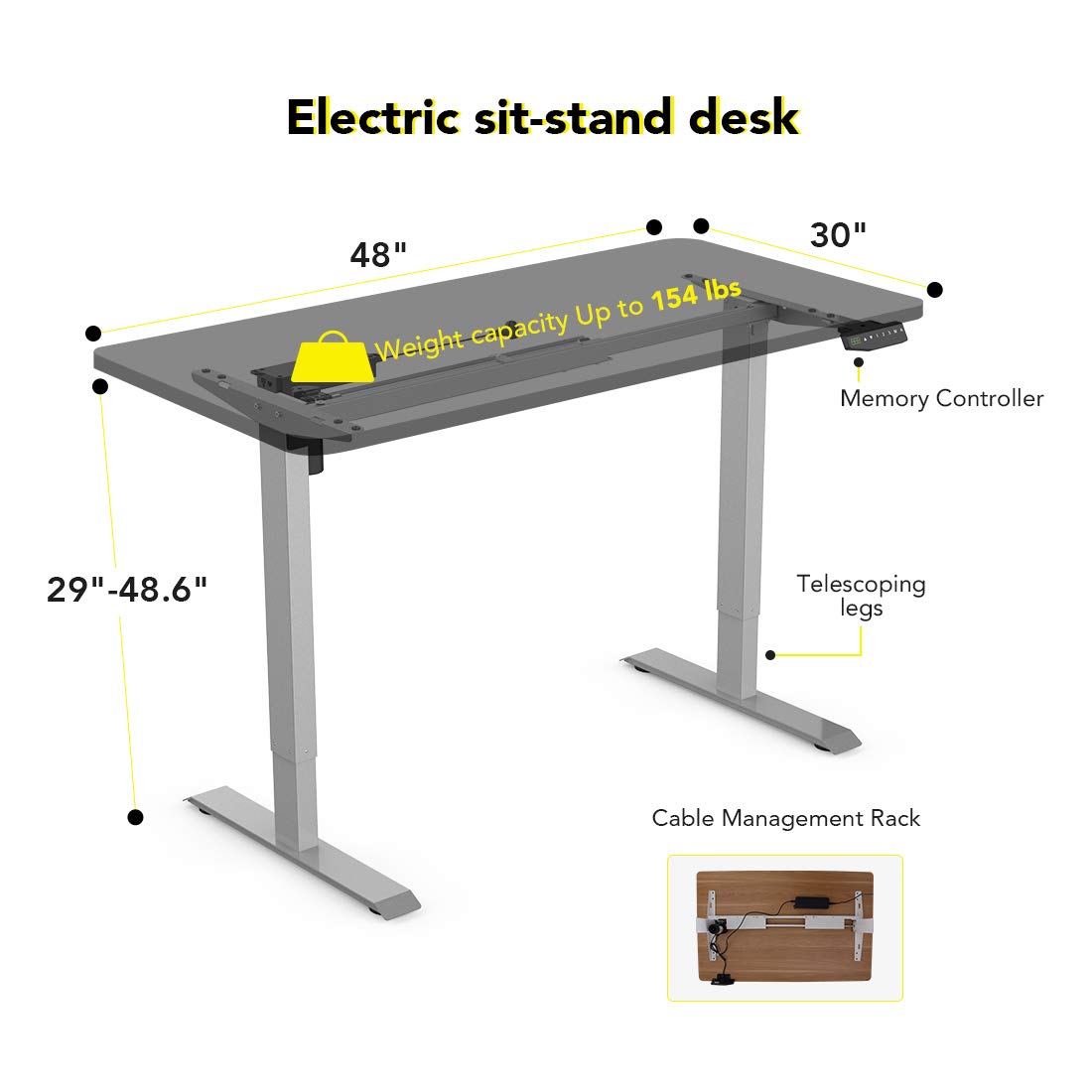 48 inch Electric Height Adjustable Standing Desk, Gaming Computer Workstation Home Office Sit Stand Up Desk with 3 Memory Key (Gray Frame/White Desktop)