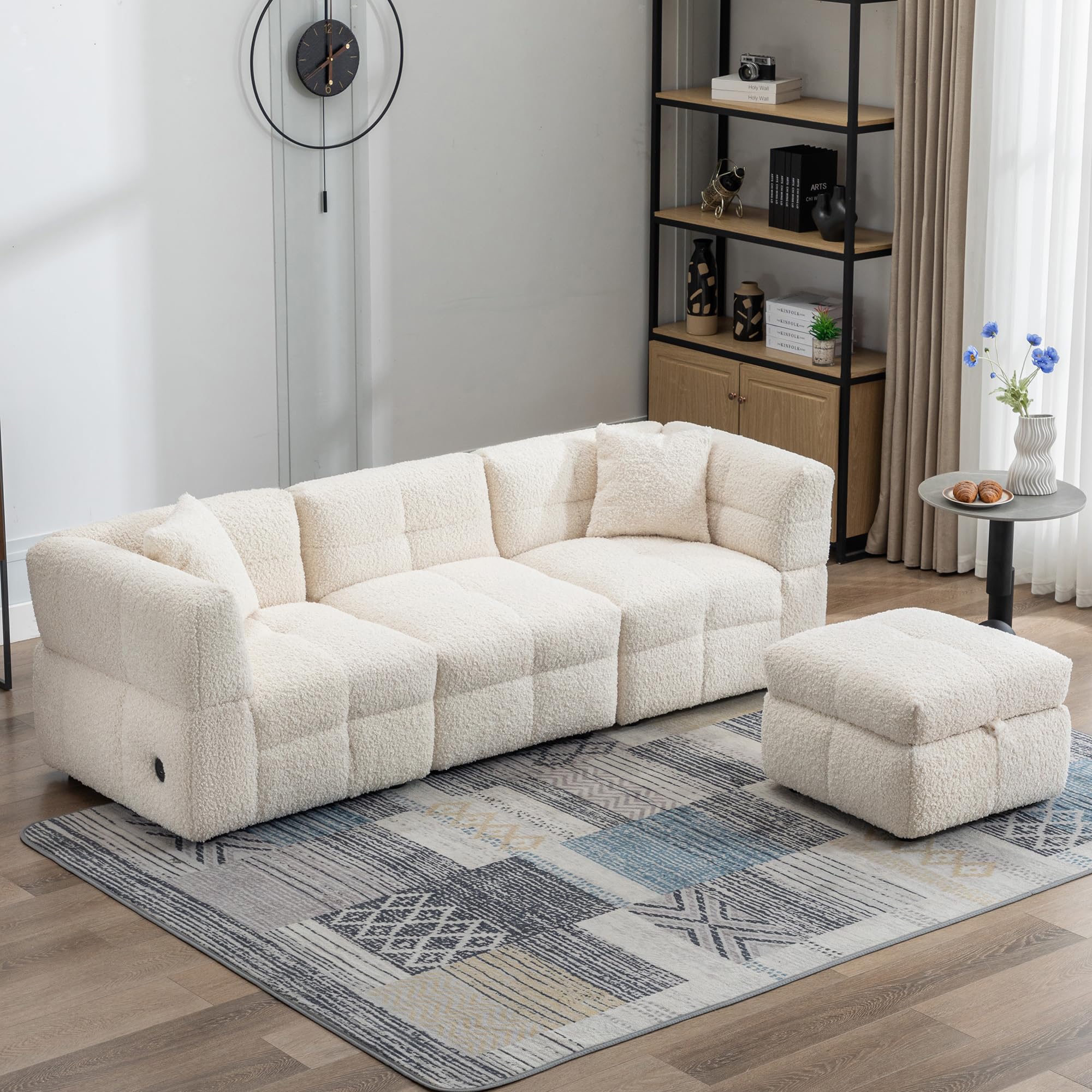 LUMISOL Large Sectional Sofa with Movable Storage Ottoman and 2 USB Ports, Teddy Fleece Fabric Sectional Sofa Couch with Lumbar Pillows, L-Shaped Sofa Couch for Living Room Apartments, Creamy White