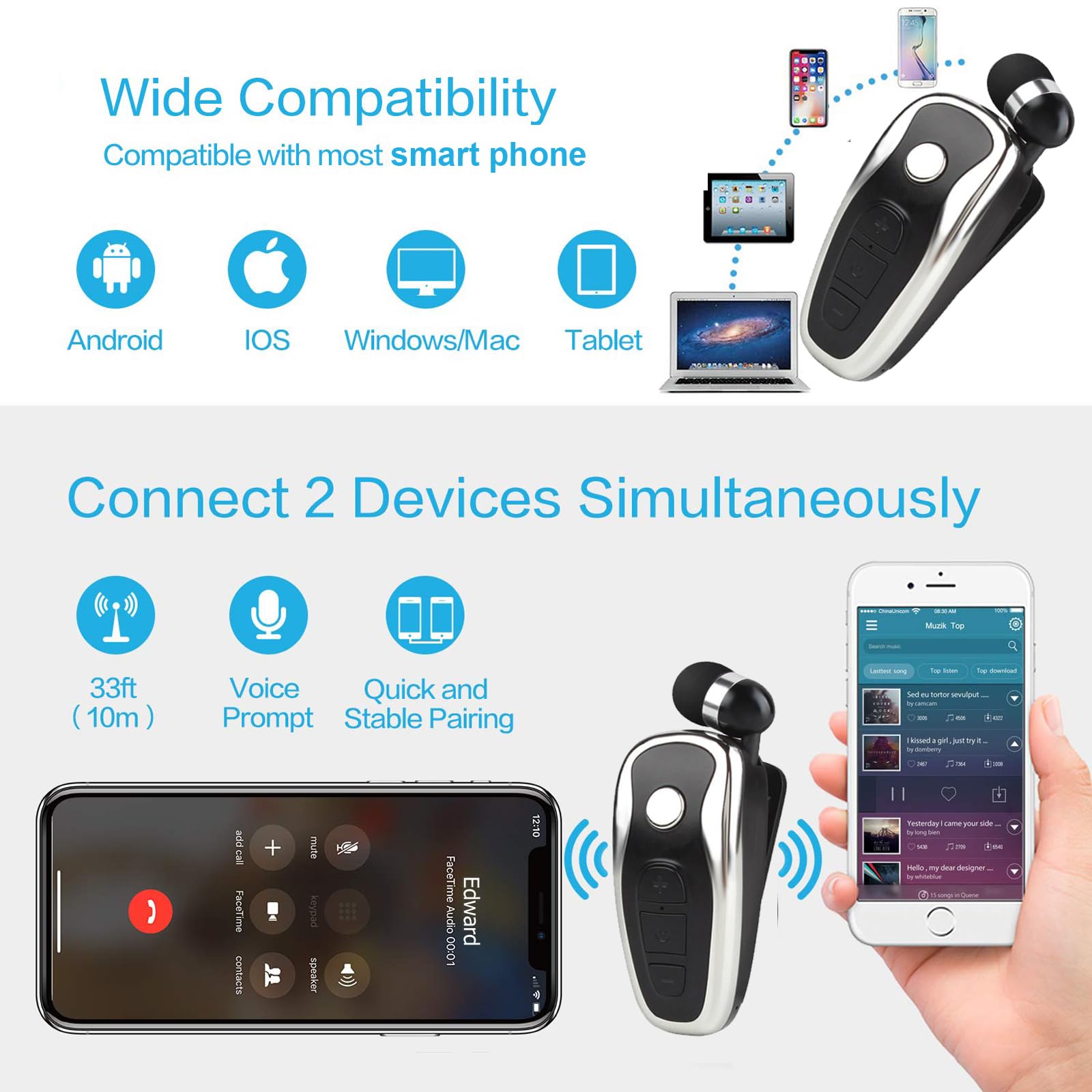 Retractable Wireless Headphone Headset Stereo Earphone lightweight V5.0 Noise Cancelling Mic Clip on Earpiece workout Sports running Business Trucker Driver Music Earbuds For Iphone android Phone
