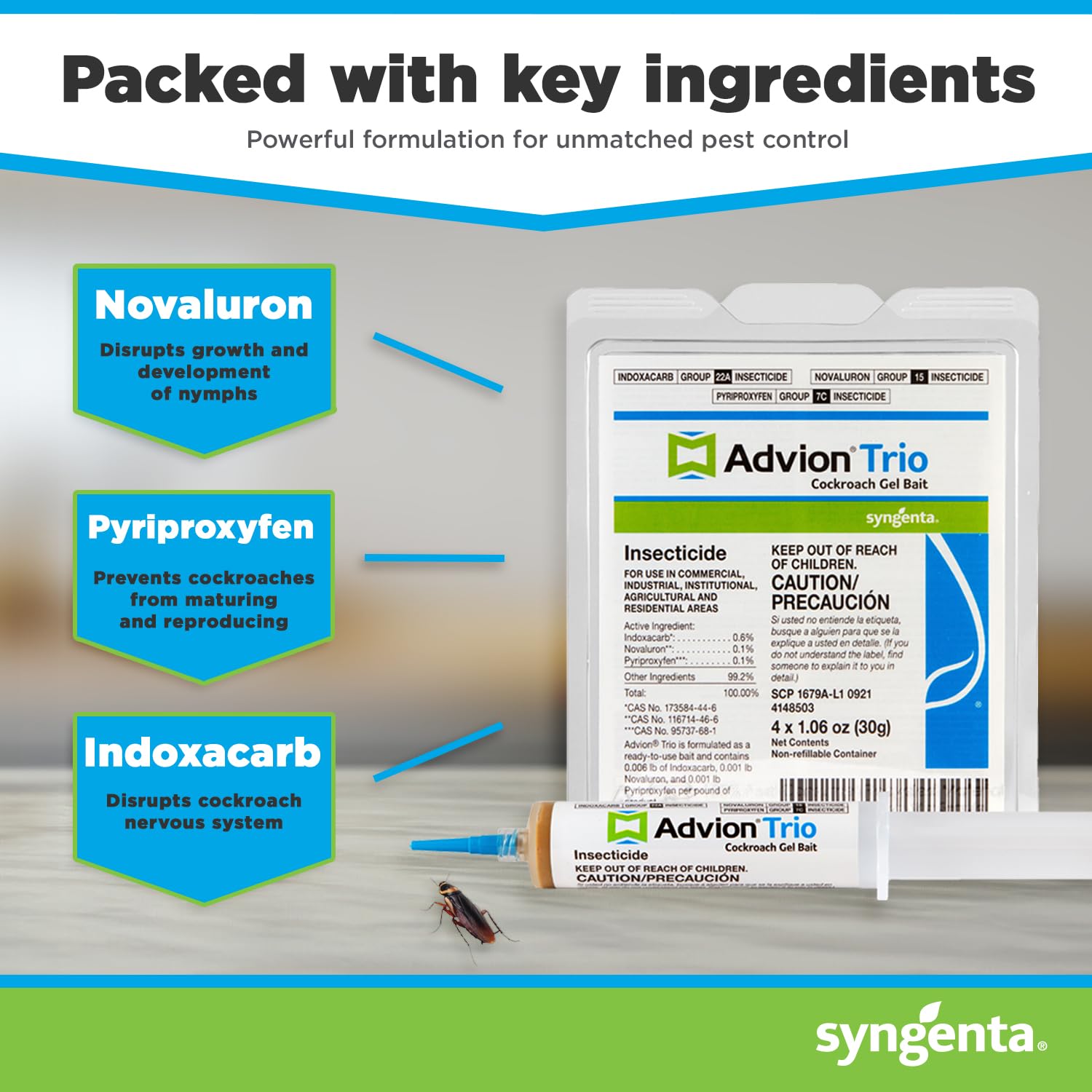 Advion Trio Cockroach Gel Bait, 4 Tubes x 30-Grams, 1 Plunger and 2 Tips, Formulated with 0.6% Indoxacarb, 0.1% Novaluron and 0.1% Pyriproxyfen, Ready-to-Use Roach Killer for Indoor and Outdoor Use