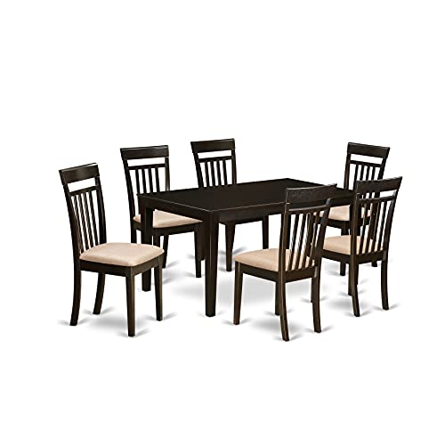 East West Furniture Capri 7 Piece Set Consist of a Rectangle Dinner Table and 6 Linen Fabric Kitchen Dining Chairs, 36x60 Inch, Cappuccino
