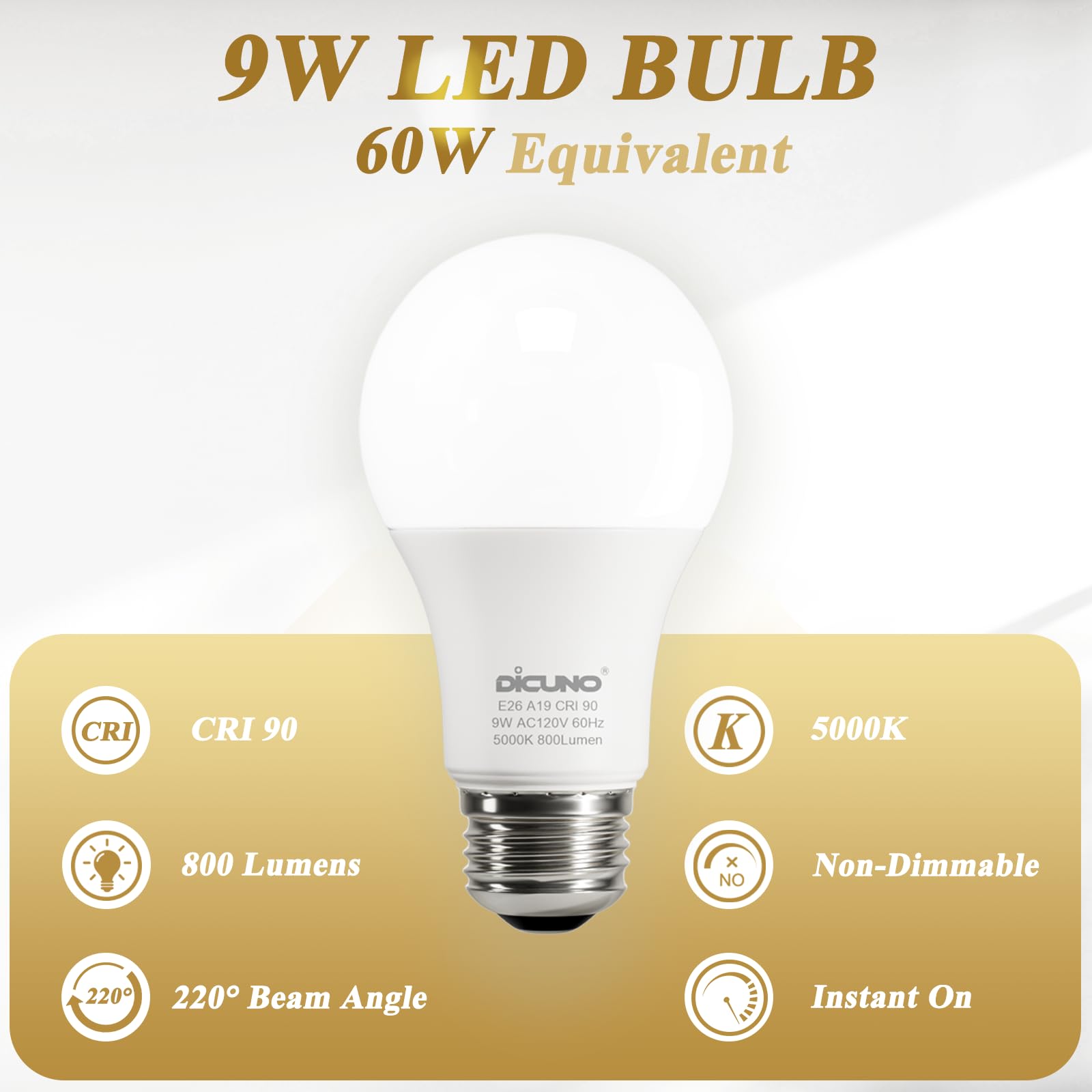 DiCUNO A19 LED Light Bulbs 60W Equivalent, Daylight White 5000K, High CRI 90, E26 Medium Base 9W 800 Lumens 120V, Non-dimmable, Frosted, 6 Pack