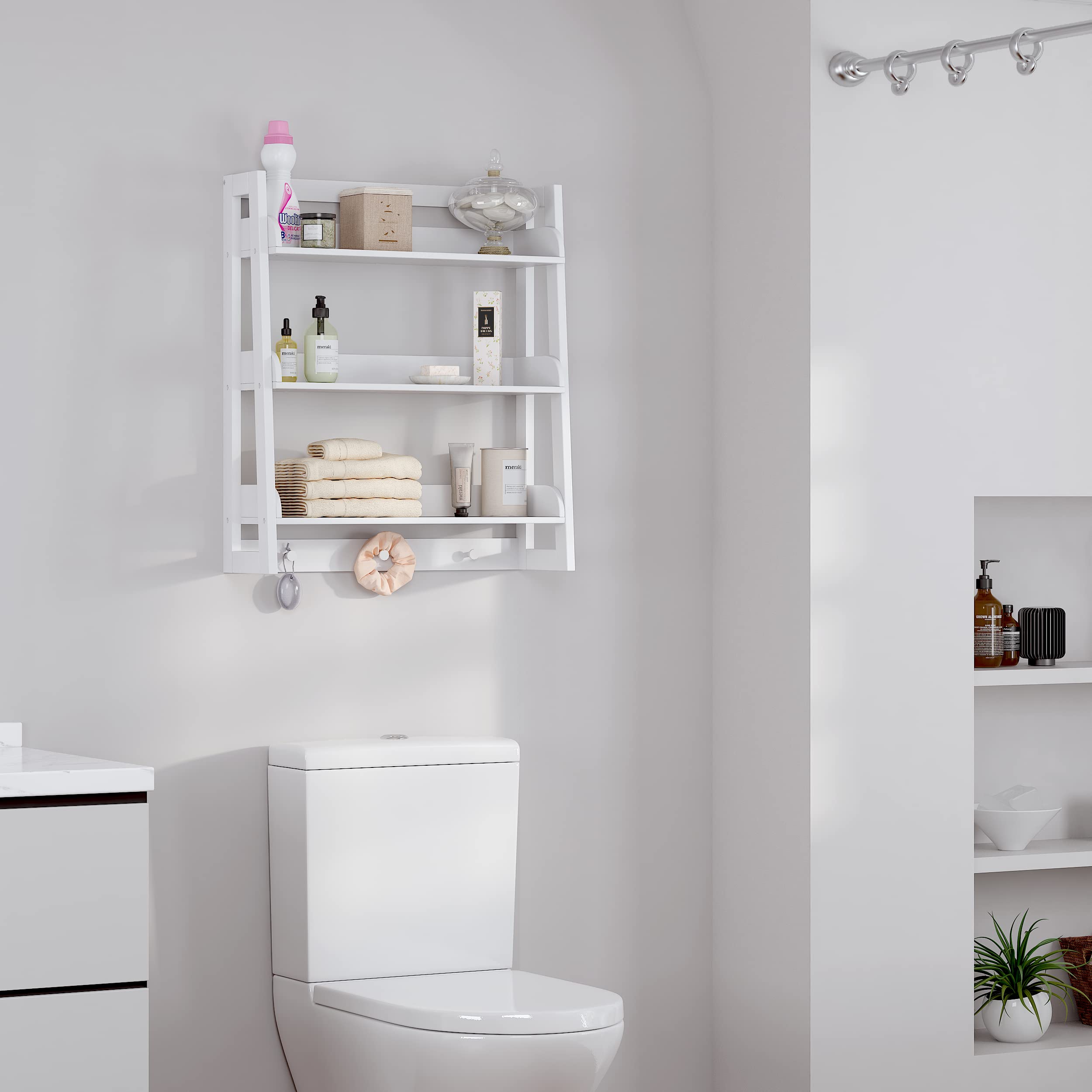 UTEX Bathroom Wall Shelf, Over Toilet Storage Shelf Organizer, 3-Tier Wall Mount Shelf Rack with Hook, White