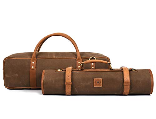 Aaron Leather Goods Leather Knife Roll With Storage Bag, Elastic and Expandable 10 Pockets, Adjustable/Detachable Shoulder Strap, Travel-Friendly Chef Knife Case (Green, Canvas)