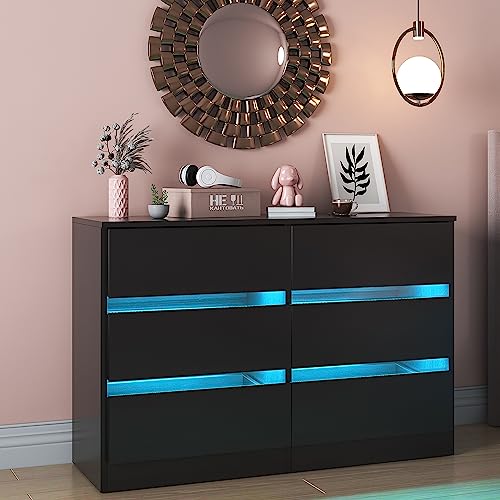 Gdvsclr 6 Drawer Double Dresser, Bedroom Dresser with LED Light, Wood Dresser for Nursery, Living Room, Hallway, Handless Design, 47.2''W×15.7''D×30.2''H (Black)