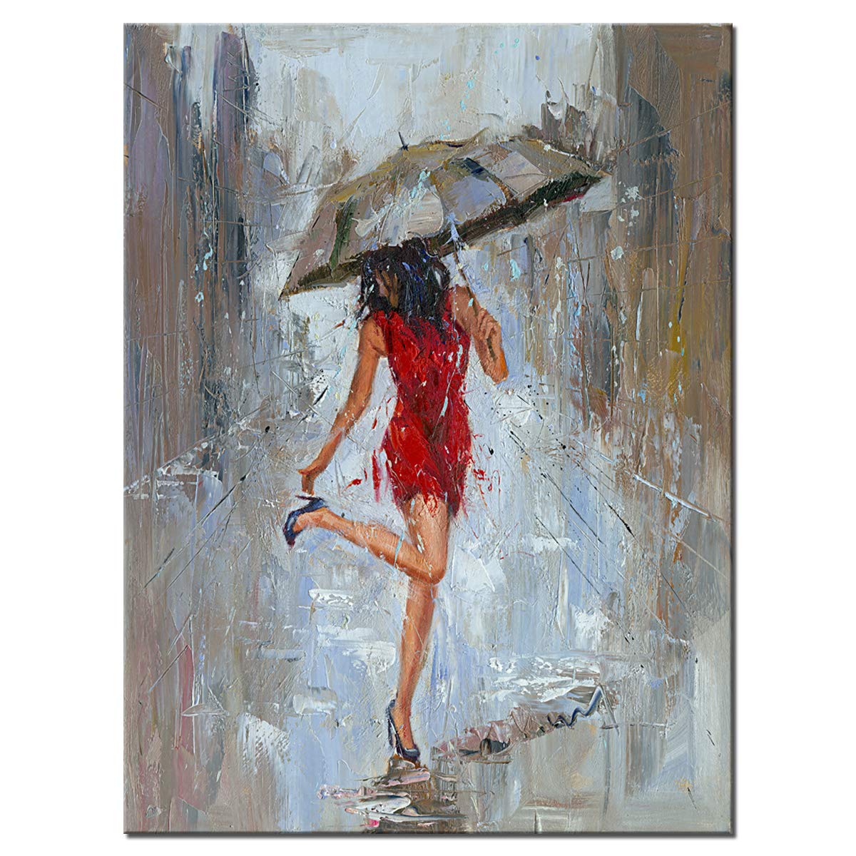 Abstract Canvas Print Rain Modern Wall Art Painting Girl Umbrella with Red Dress Walking in Street Figure Artwork