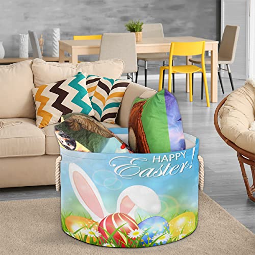 Happy Easter Eggs And Rabbit Large Round Baskets for Storage Laundry Baskets with Handles Blanket Storage Basket for Bathroom Shelves Bins for Organizing Nursery Hamper Girl Boy