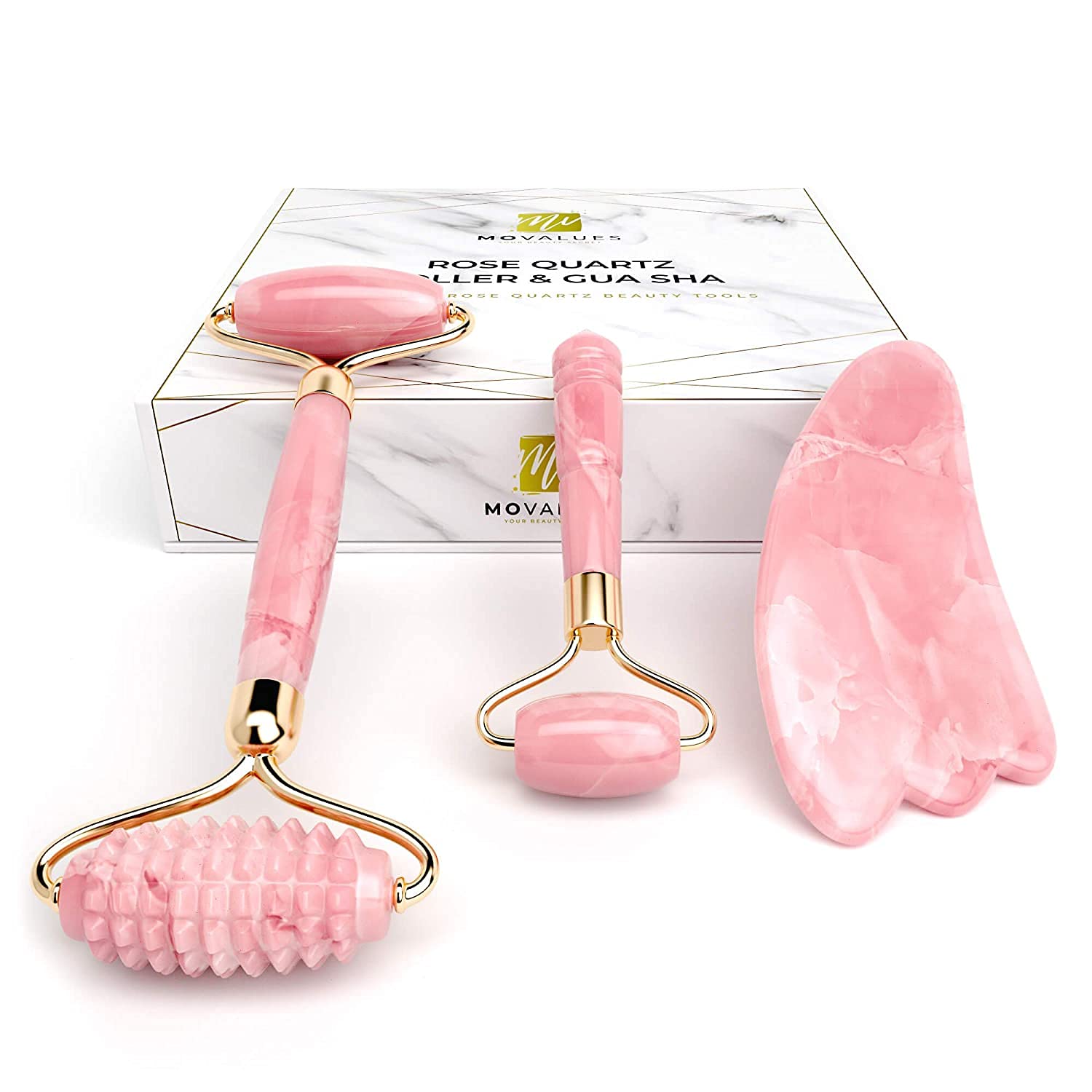 Rose Quartz Roller with Gua Sha, Mini Eye Roller set - Jade Roller for Face - Face Roller 100% Natural Authentic Crystal - Face Massager, Facial Roller for Skin Care, Eyes, Neck - Tones, Firms, Depuff