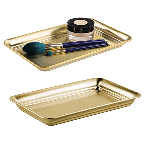 mDesign Metal Storage Organizer Tray for Bathroom Vanity Countertops, Closets, Dressers - Holder for Watches, Earrings, Makeup, Reading Glasses, Perfume, Guest Hand Towels, 2 Pack, Soft Brass