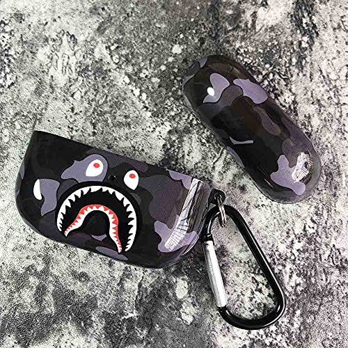 Shark Teeth Softshell Silicone Camouflage Airpods Case, IMD Case Shockproof Case Skin with Key Ring, Suitable for Apple Airpods Pro (Black)