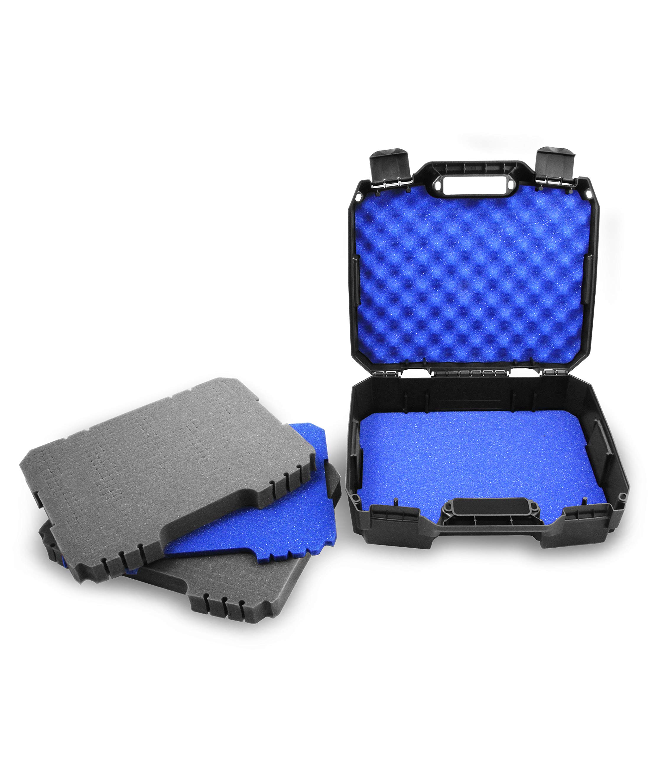 CASEMATIX 17 inch Mobile Podcast Station Travel Case Fits Mixers, Microphones, Laptops and Cables with Dual Customizable Foam Layers - Case Only with Blue Foam