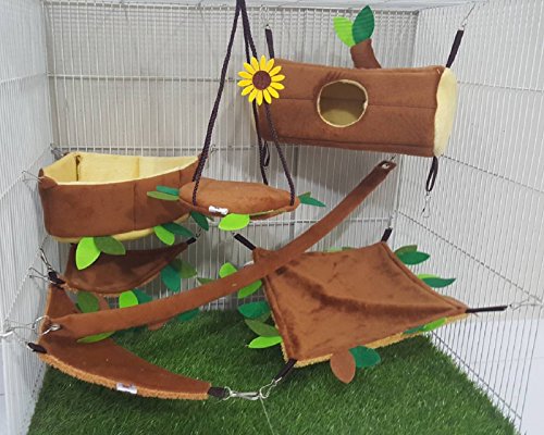 HOT! 7 Pcs/Set Cute Sugar Glider Hamster Marmoset Squirrel Chinchillas Small Pet Hanging Log + Edge Corner Light Brown Cage Set Forest Pattern Get Free 1 Small Pet Treats, PB's REPUBLIX