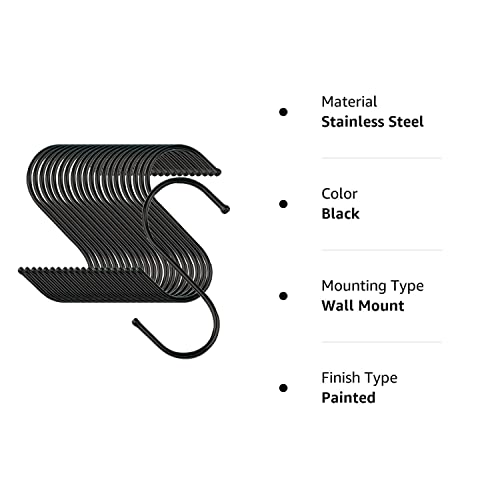 ALTKOL S Hooks for Hanging, 20 Pack S Shaped Hooks for Hanging Plants, Stainless Steel S Hooks Heavy Duty, Durable S Shaped Hooks for Kitchen,Pots, Pans, Plants, Bags, Cups, Clothes,2.8 Inch,Black