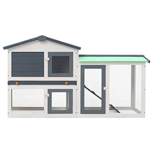 vidaXL Solid Wood Outdoor Large Rabbit Hutch Small Animal Enclosure House Pet Cage Habitat Garden Patio Protection Safety Gray and White