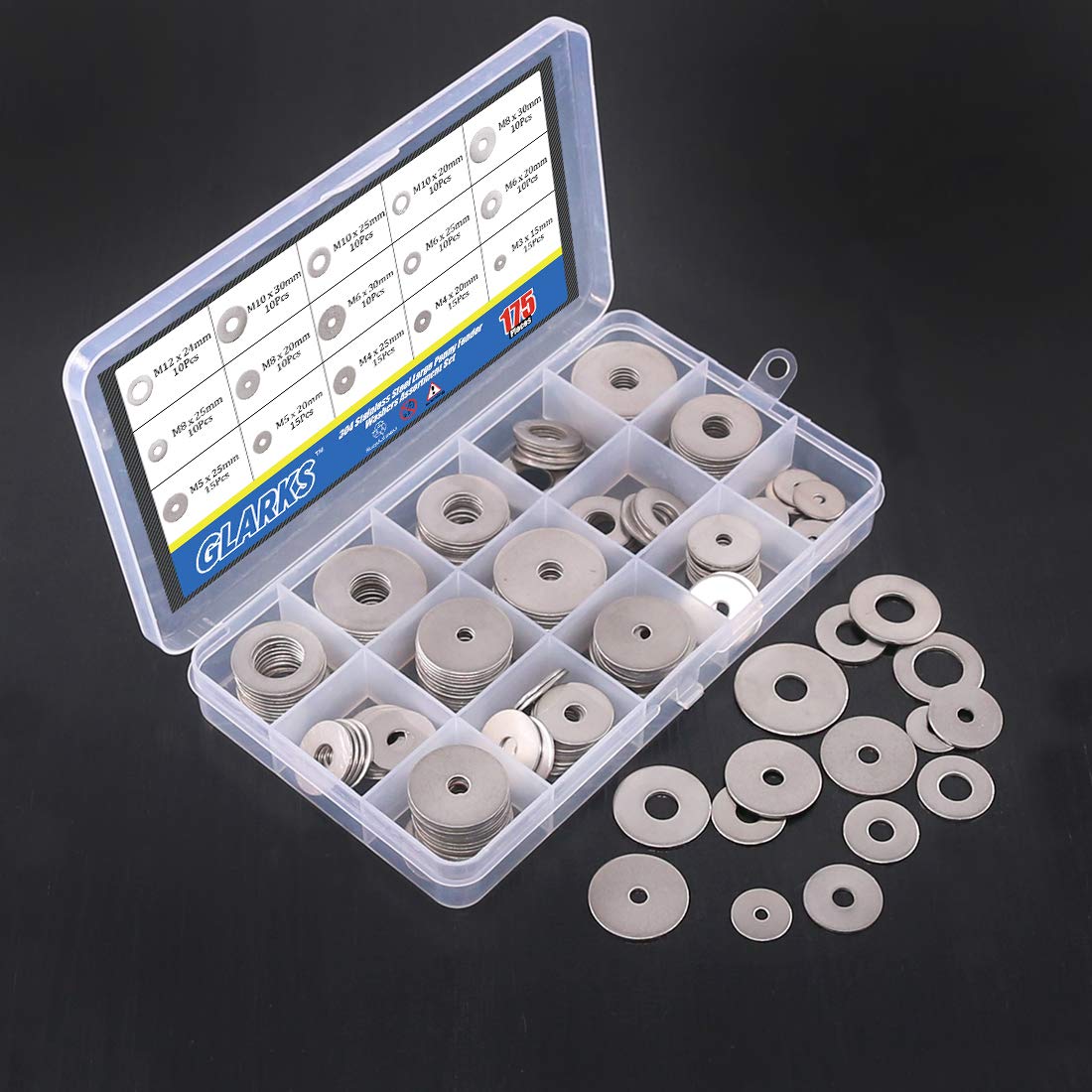 Glarks 175Pcs 304 Stainless Steel Large Penny Fender Washers Assortment Set-M3, M4, M5, M6, M8, M10, M12