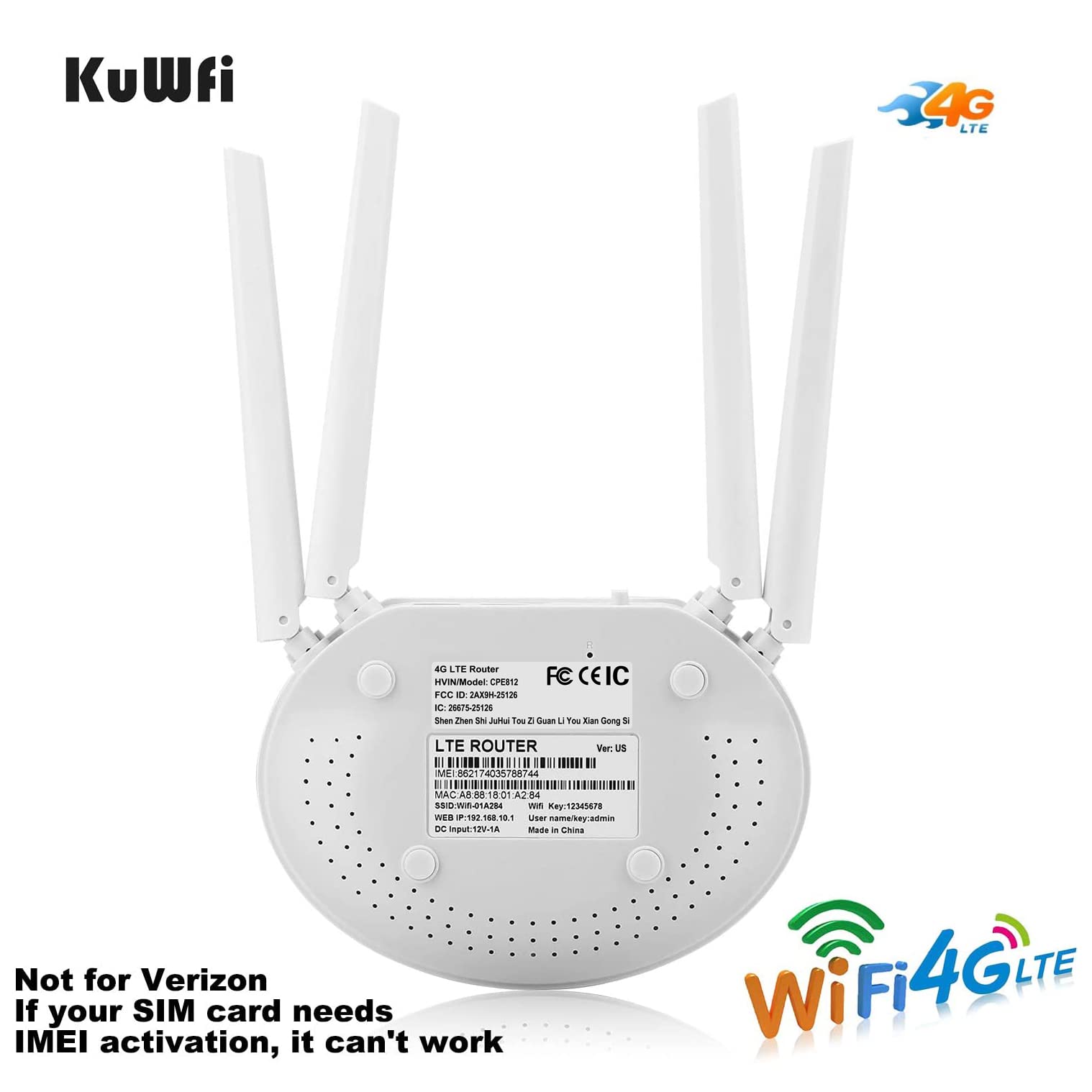 KuWFi 4G LTE Router with SIM Card Slot, 300Mbps Unlocked Wireless WiFi Internet Routers with 4pcs Non-Detachable Antennas for USA/CA/MX[Not for Verizon]