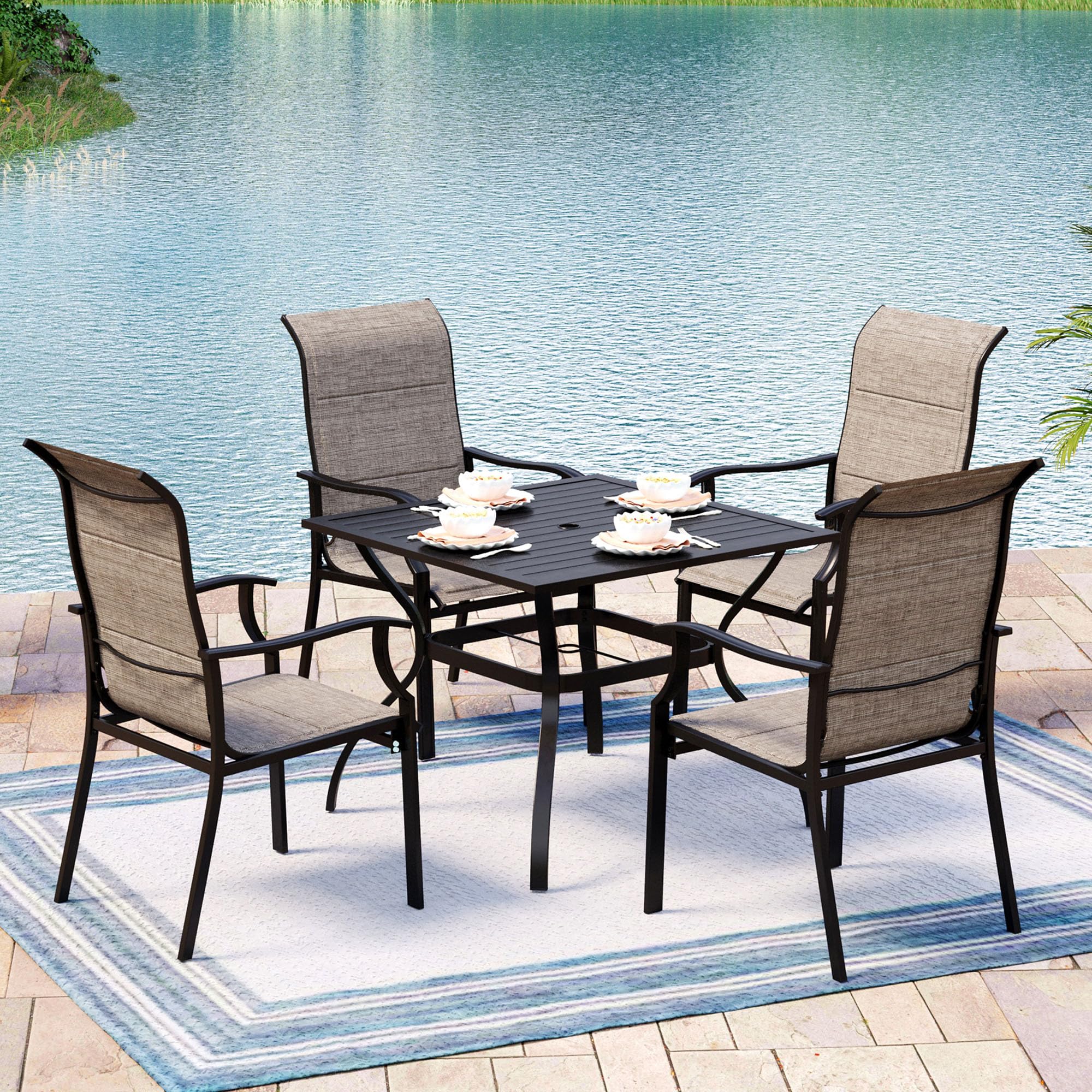MIXPATIO 5 Pieces Patio Dining Set, 4 People Outdoor Furniture Set, 37" Square Metal Table with 1.57" Umbrella Hole, 4 Padded Textilene Standard Chairs,for Deck Garden Backyard Lawn Poolside