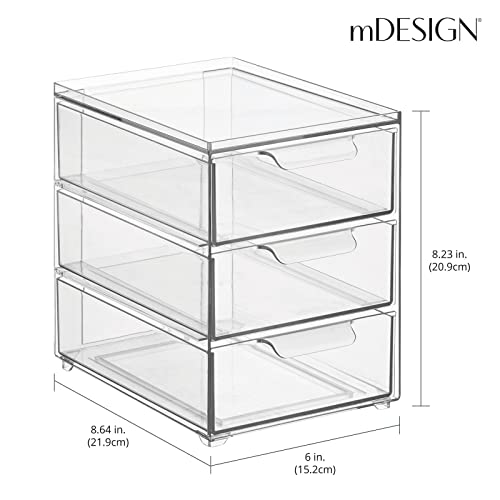 mDesign Plastic Stackable Organizer with 3 Drawers - Pull-Out Drawer Storage Bin for Bathroom Sink/Cabinet Organization - Perfect for Makeup, Small Towels, and More - Lumiere Collection, Clear