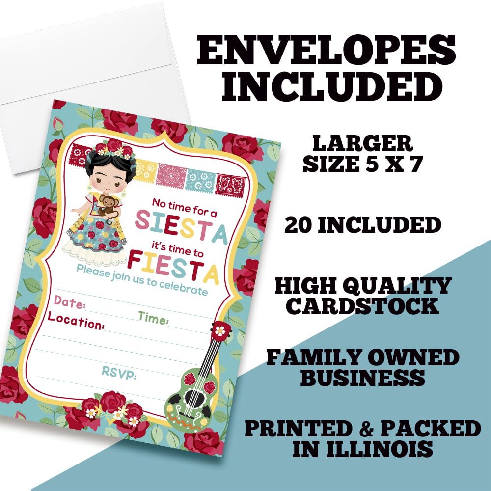 Amanda Creation Frida Fiesta Themed Birthday Party Invitations, 20 5x7 Fill In Cards with Twenty White Envelopes