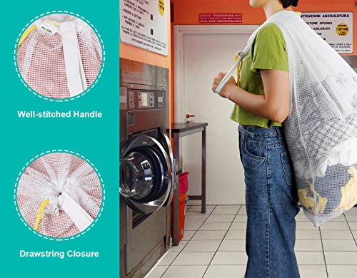 Plusmart Mesh Laundry Bags with Drawstring, 24" x 36" Extra Large Laundry Bags with Staps, for Travel, College Dorm, Apartment, Family, 3 Pack, White, Machine Washable
