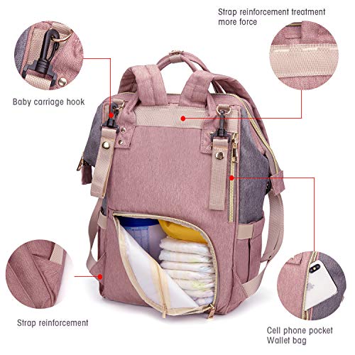 QIMIAOBABY Diaper Bag Backpack,Waterproof Multifunctional Large Travel Nappy Changing Bags… (Pink with gray)