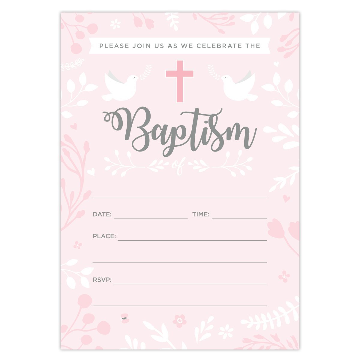 Baptism Invitations for Baby Girls, 25 Fill In The Blank Style Cards and Envelopes.