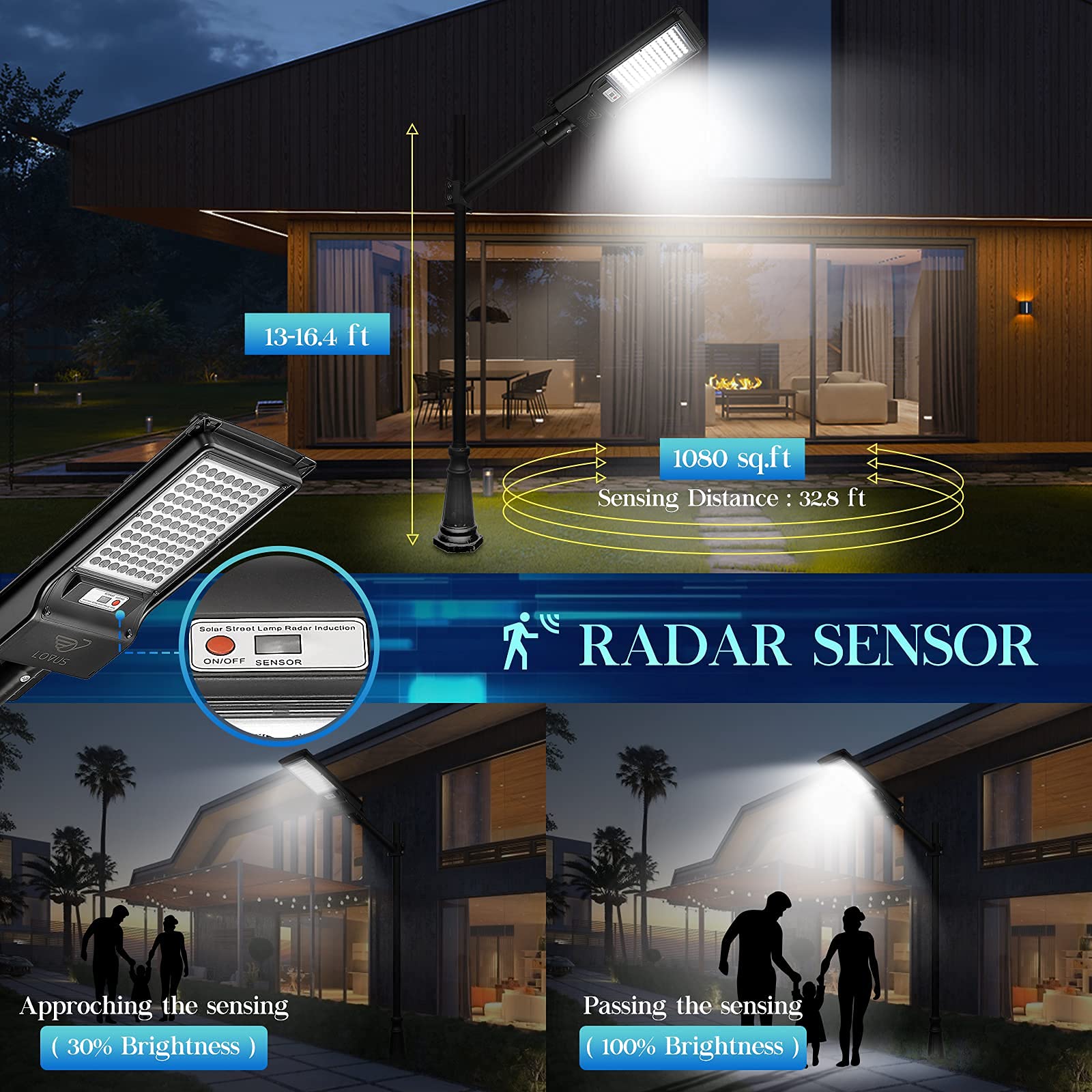 Lovus 500W Solar LED Street Light, 6000k Outdoor Solar Flood Security Lighting Dusk to Dawn with Motion Sensor, IP65 Waterproof, Wall or Pole Mount for Parking Lot, Home, ST80-078