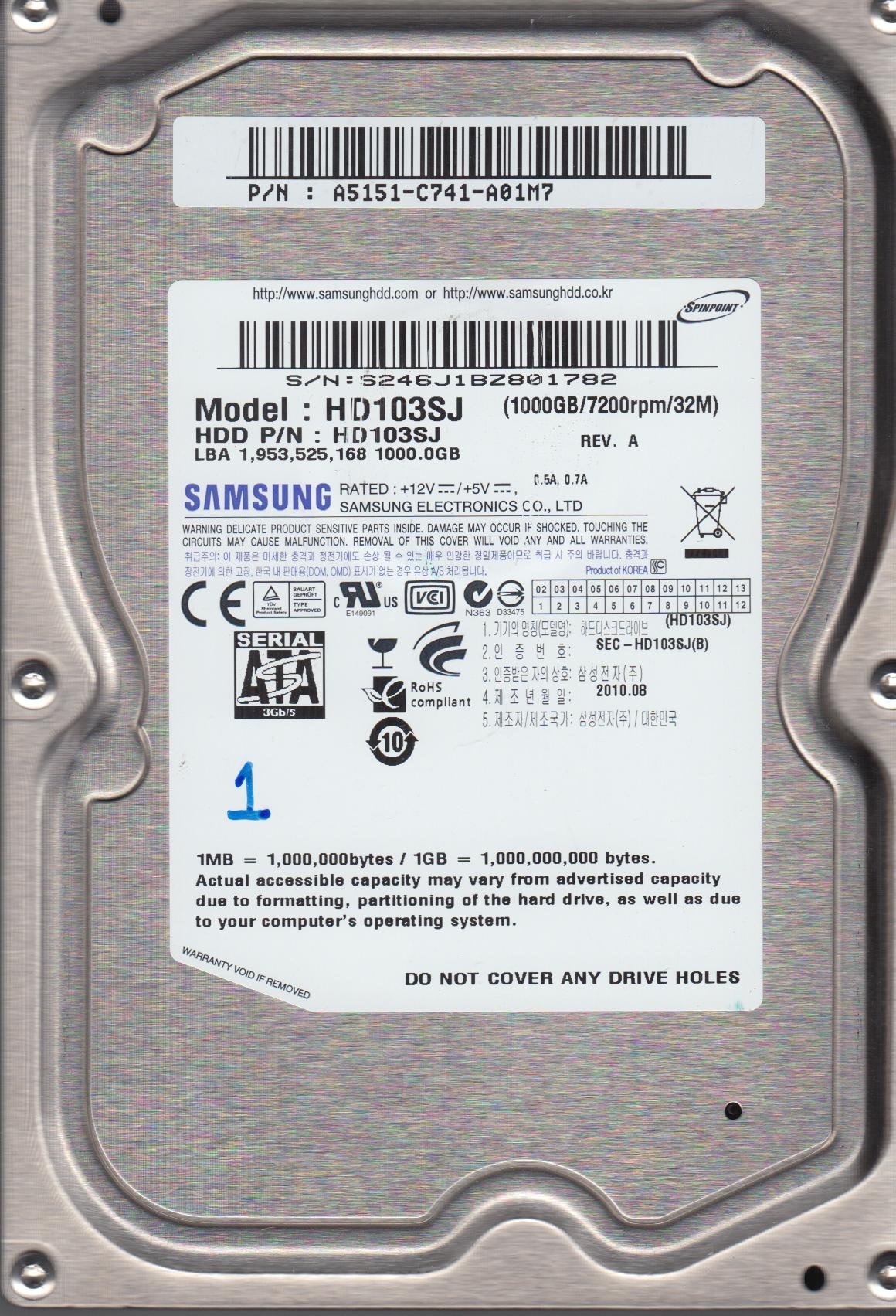 HD103SJ, HD103SJ, REV A, Samsung 1TB SATA 3.5 Hard Drive