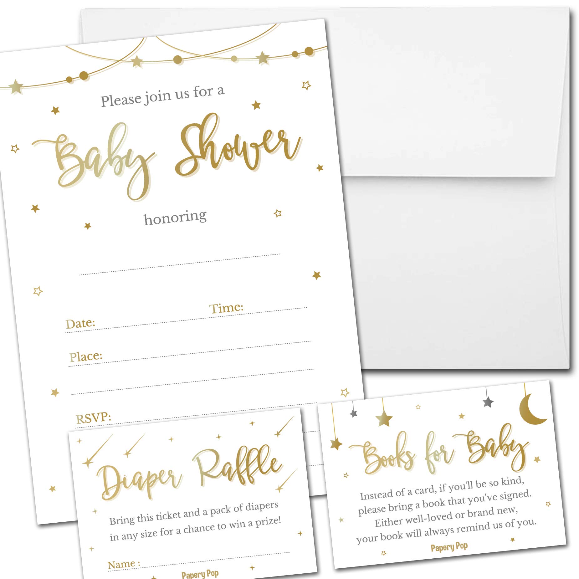Set of 25 Baby Shower Invitations with Envelopes, Diaper Raffle Tickets and Baby Shower Book Request Cards - Night Stars