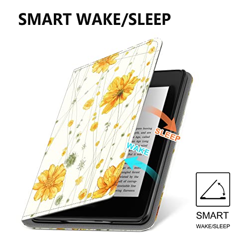 Ayotu Stand Case for 6" All-New Kindle 11th Generation 2022 Release, Premium PU Leather Cover with Hand Strap, Auto Sleep/Wake and Back Cover Adsorption, Only for Basic Kindle 2022, Yellow Flowers