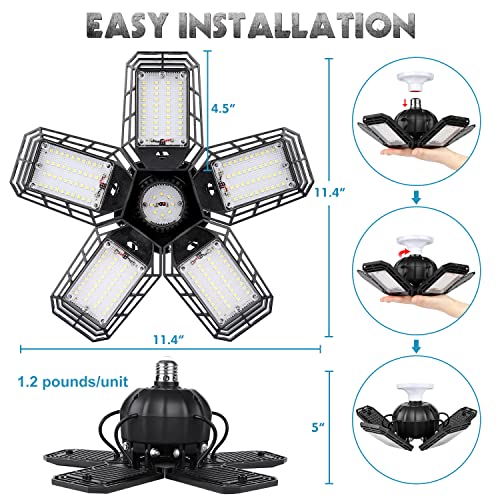 Luyata 2 Pack LED Garage Lights, 160W 16000LM 6500K Deformable LED Garage Ceiling Light Shop Lights with 5 Adjustable Panels for Garage Workshop Basement Support E26/E27 Screw Socket