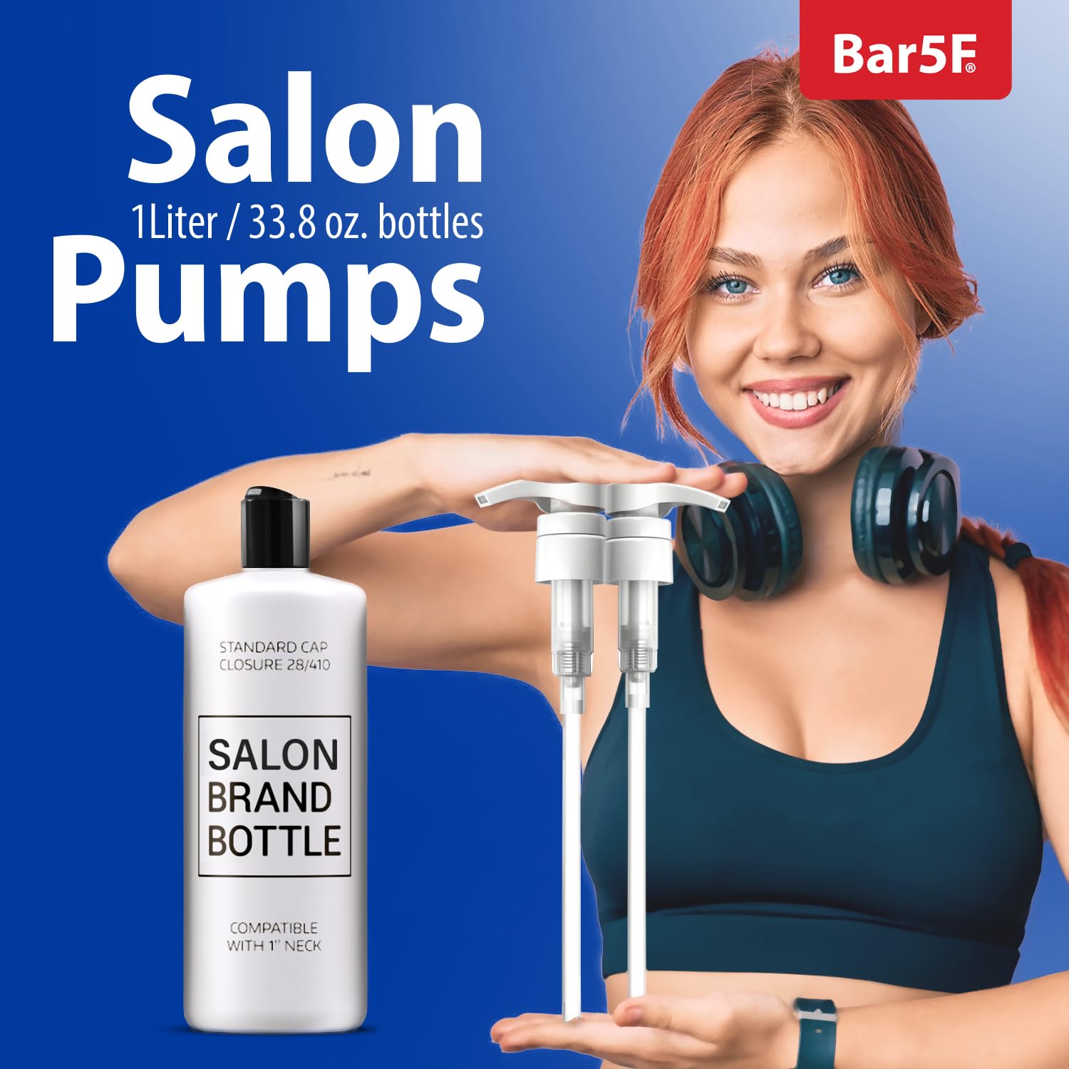 Bar5F Pump for 33.8-Oz Shampoo and Conditioner Liter Bottles 1" inch Bottle Neck 2-Pack (White)