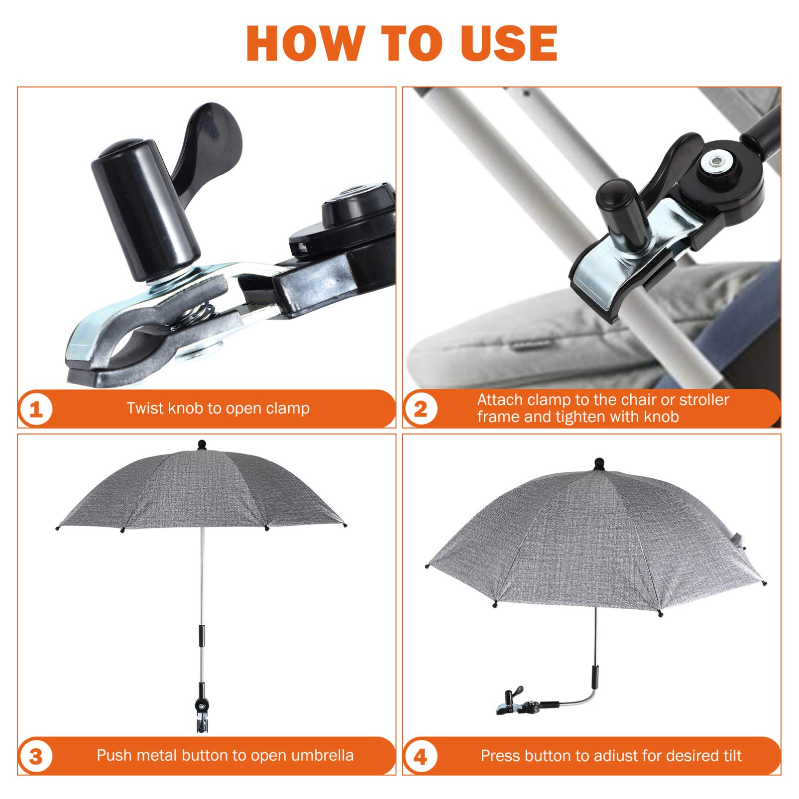TOYANDONA Stroller Sun Cover Umbrella Clip On Sun Shade Blackout Blind UV Rain Protection Umbrella for Strollers Bicycle Baby Carriage Cart Grey