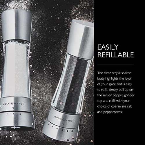 COLE & MASON Derwent Salt and Pepper Grinder Set - Stainless Steel Mills Include Gift Box, Gourmet Precision Mechanisms and Premium Sea Salt and Peppercorns