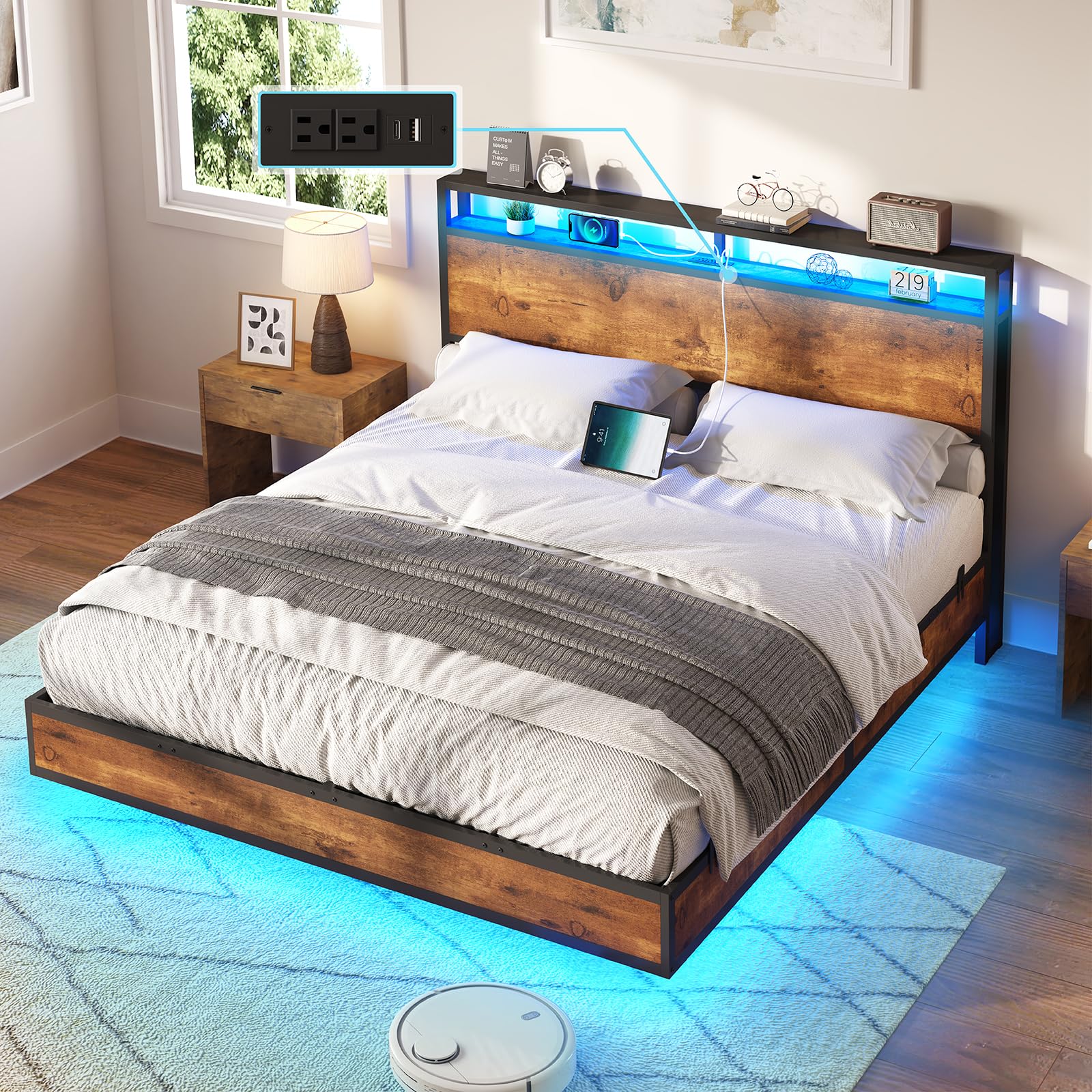 AMERLIFE Queen Size Floating Bed Frame with 2-Tier Storage Headboard, Metal Bed Frame with Charging Station & LED Lights, No Box Spring Needed, Rustic Grey