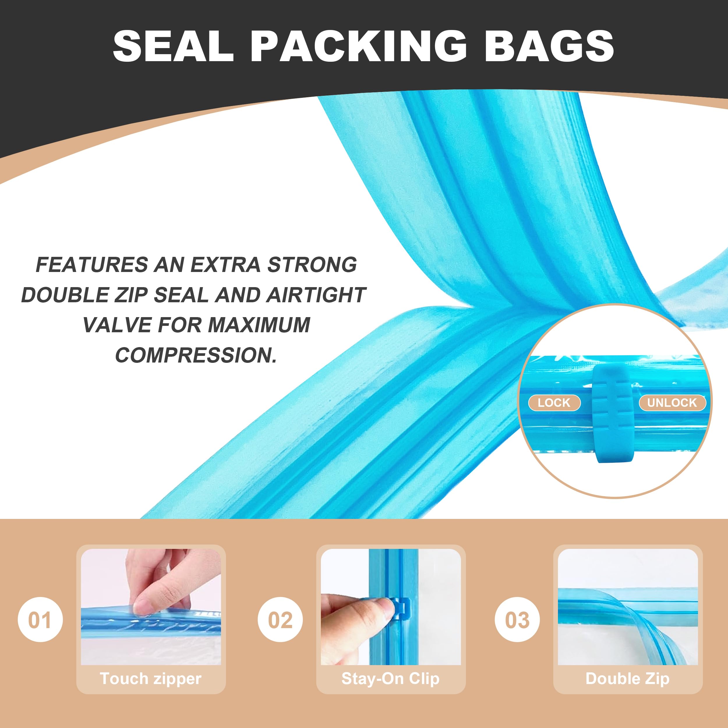NATURELUX Vacuum Storage Bags, 20-Pack Space Saver, Zipper Vacuum Sealed Bags for Clothing, Clothes, Comforters and Blankets,Hand Pump Included (4 Jumbo/4 Large/4 Medium/8 Small)
